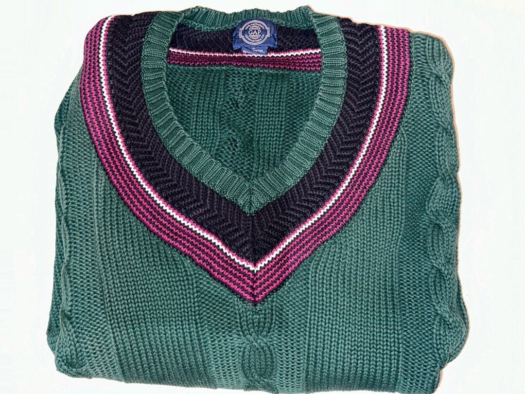 Vintage 80 90s GAP Oversized Green Sweater V-neck Preppy Tennis Varsity ...