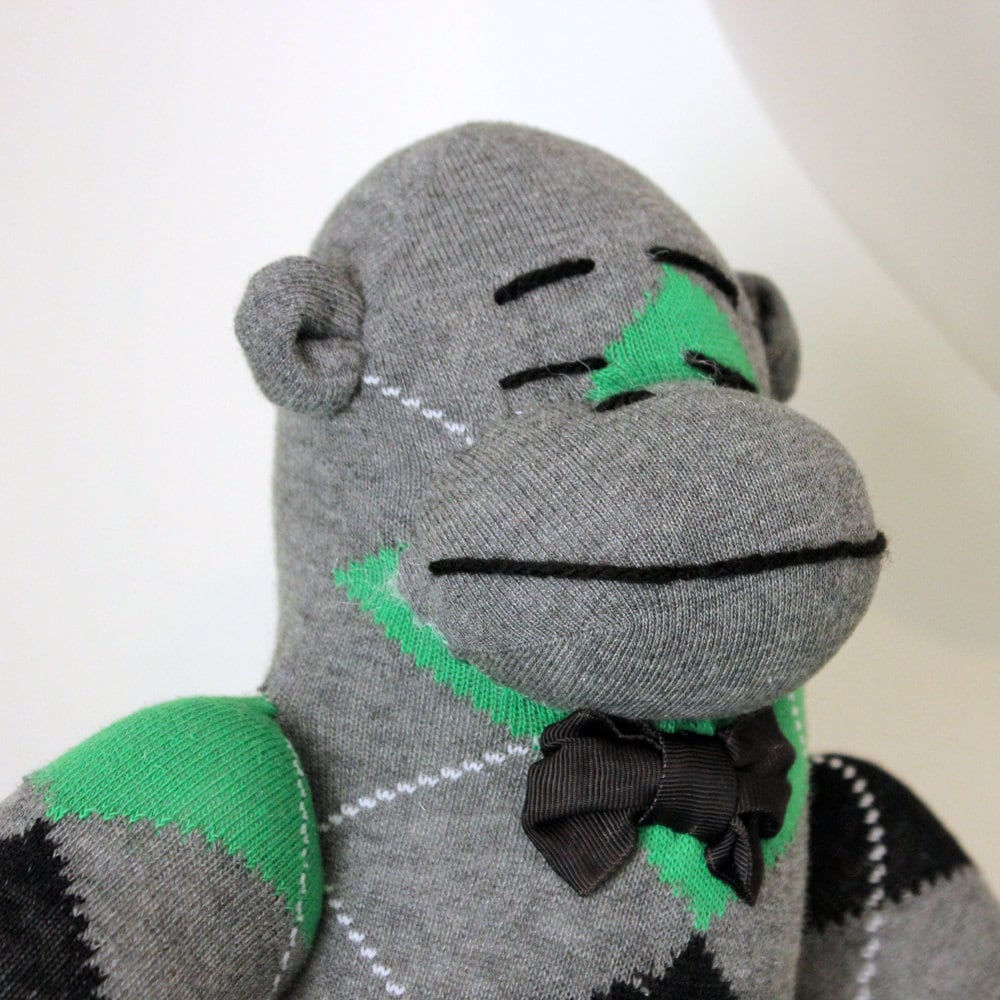 Argyle Plush Sock Monkey, Green Black Stuffed Animal, Custom Baby Boy ...