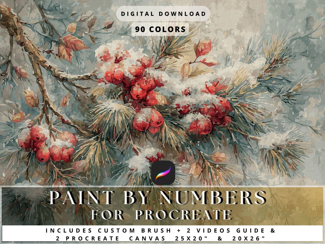 Frosted Berry Branches | Paint by Number for Procreate | Winter Pine ...