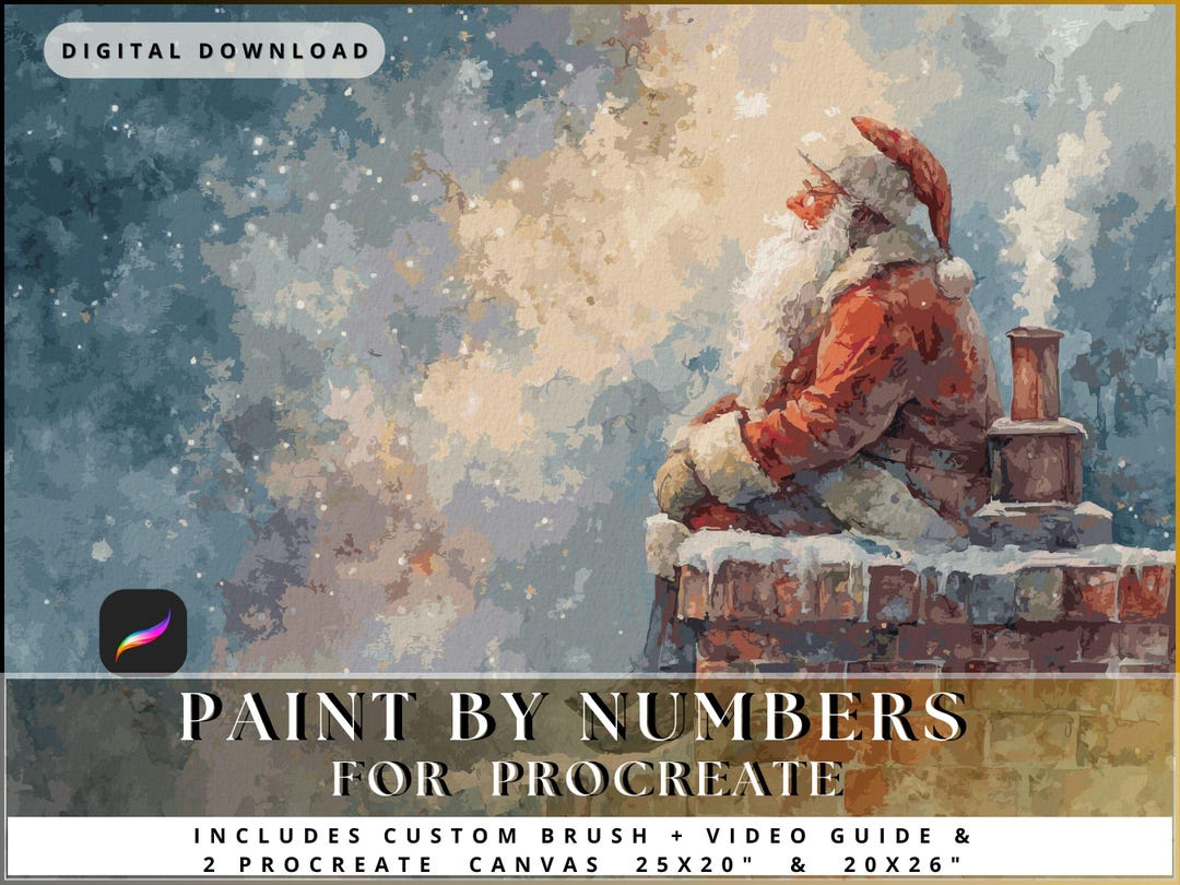 Procreate Paint by Number – Snowy Rooftop Rest | Vintage Santa Scene ...