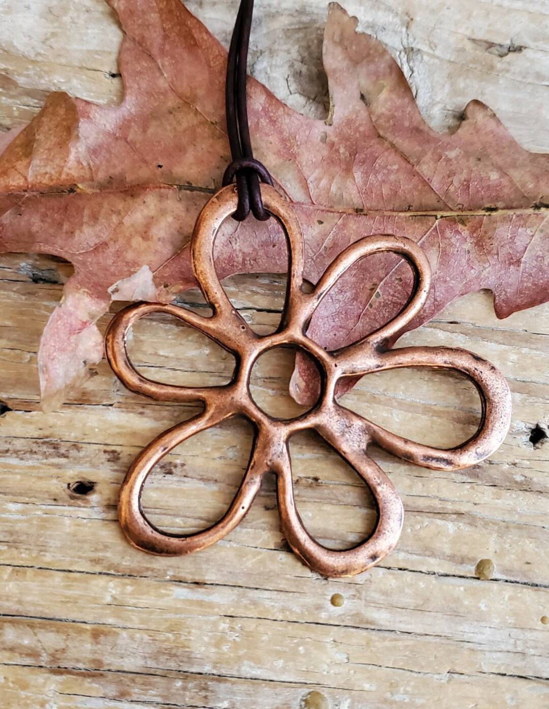 Boho Copper Flower Pendant Necklace: Groovy Leather Cord, Adjustable - Etsy