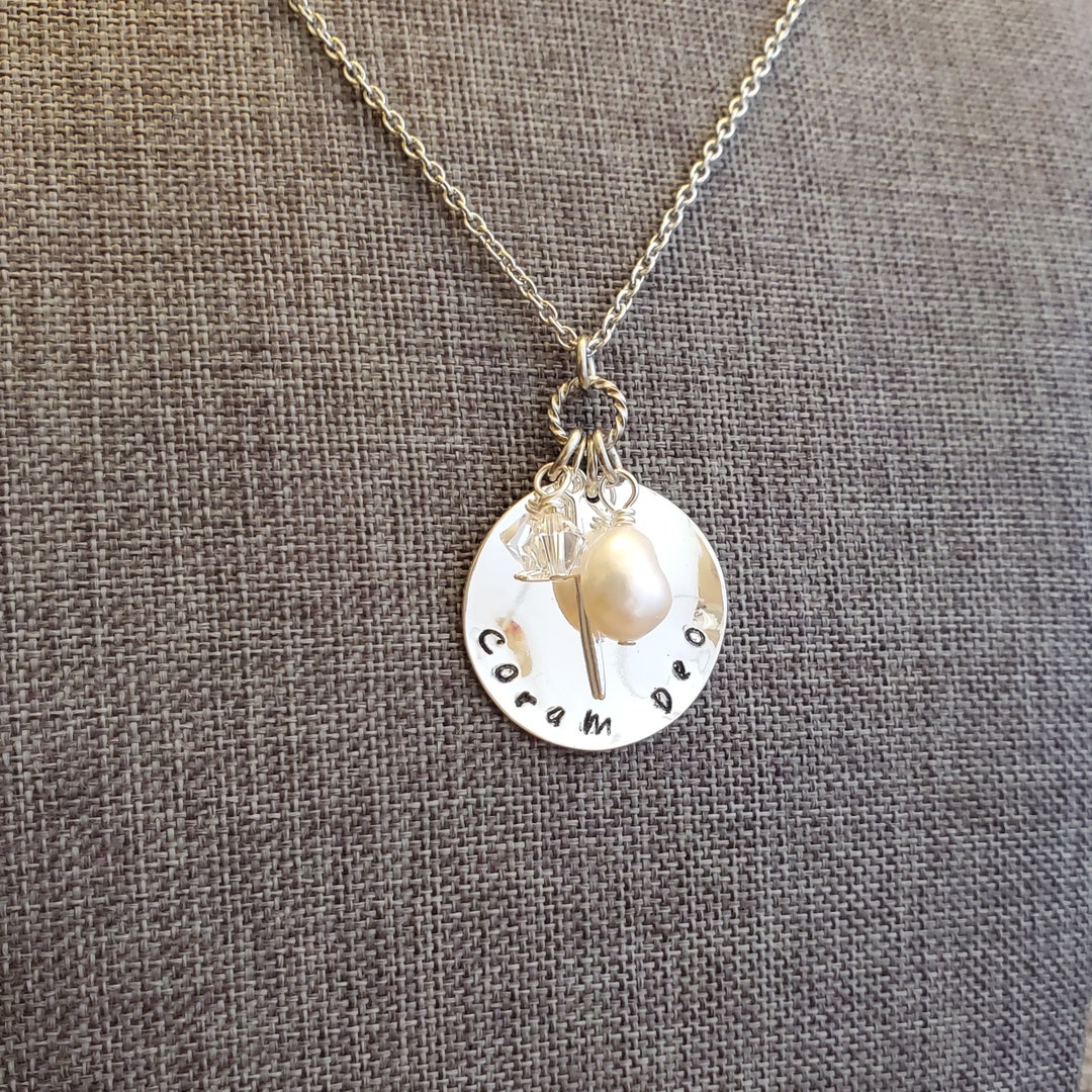 Coram Deo Necklace: Hand Stamped Latin Pendant With Pearl - Etsy