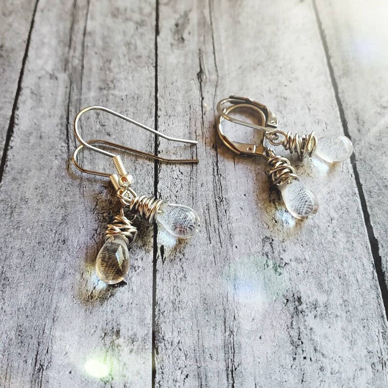 Petite Clear Glass Teardrop Dangle Earrings Clear Glass Wire | Etsy