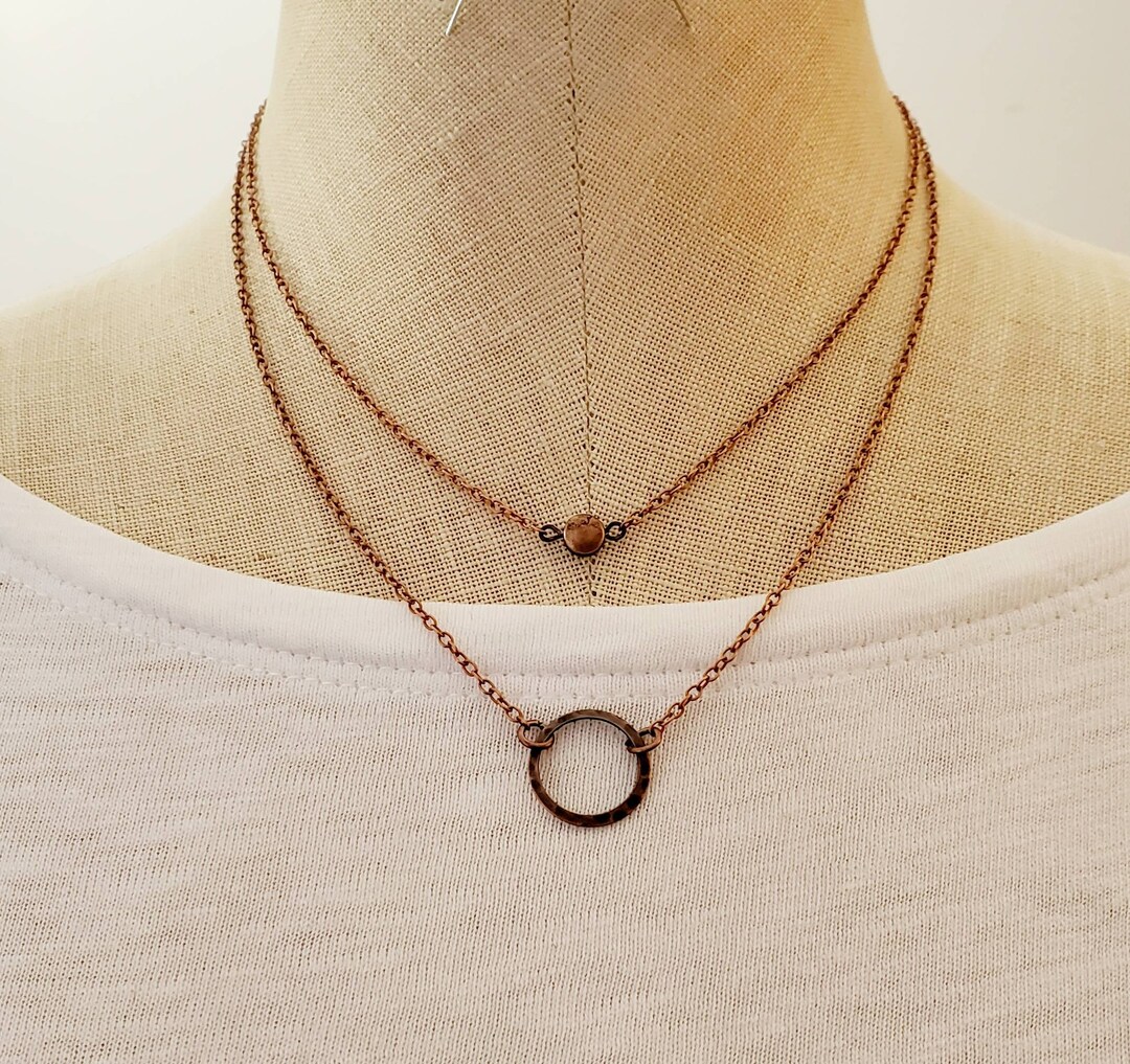 Antiqued Copper Ring and Disc Double Chain Necklace: Layered Minimalist ...