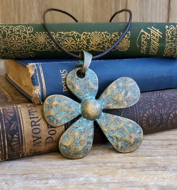 Large Verdigris Daisy Leather Necklace Rustic Brass Leather - Etsy