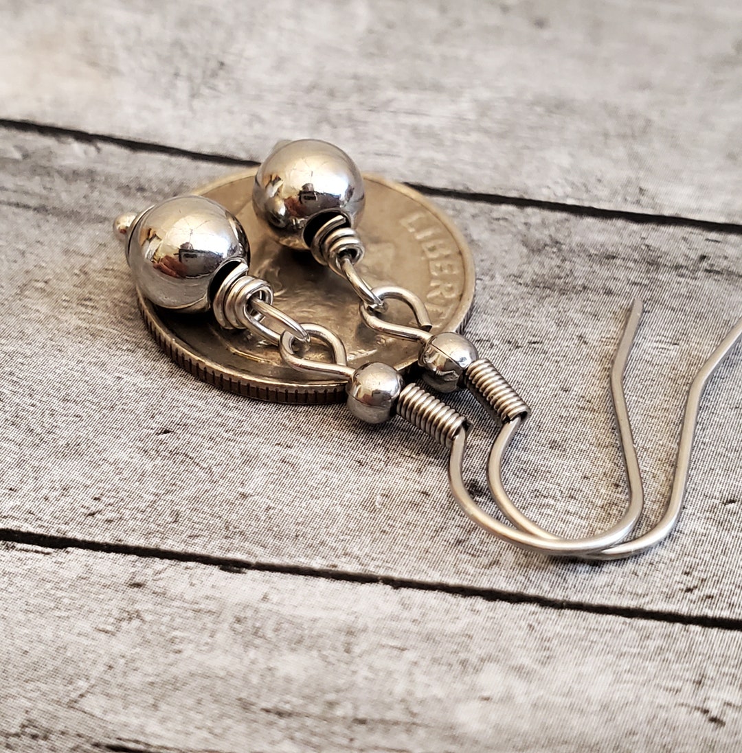 Little Stainless Steel Ball Drop Earrings, Petite Silver Ball Earrings ...