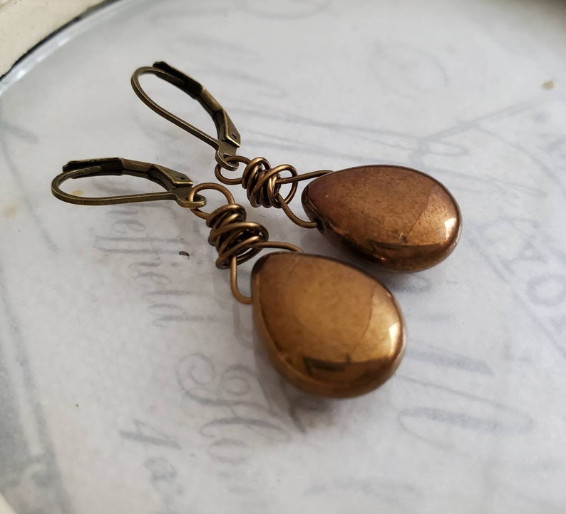 Shiny Bronze Glass Teardrop Earrings: Wire Wrapped Boho Brass, Brown - Etsy