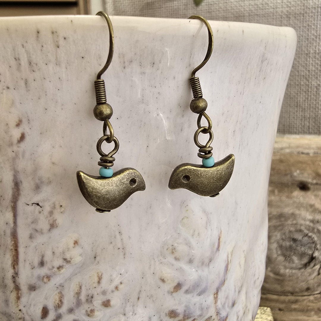 Cute Bronze Blue Bird Earrings, Bronze Turquoise Birdie Earrings ...