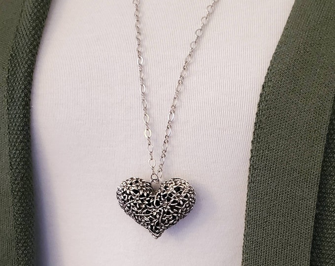 Large Silver Floral Puffed Heart Necklace, Long Heart Pendant Necklace ...