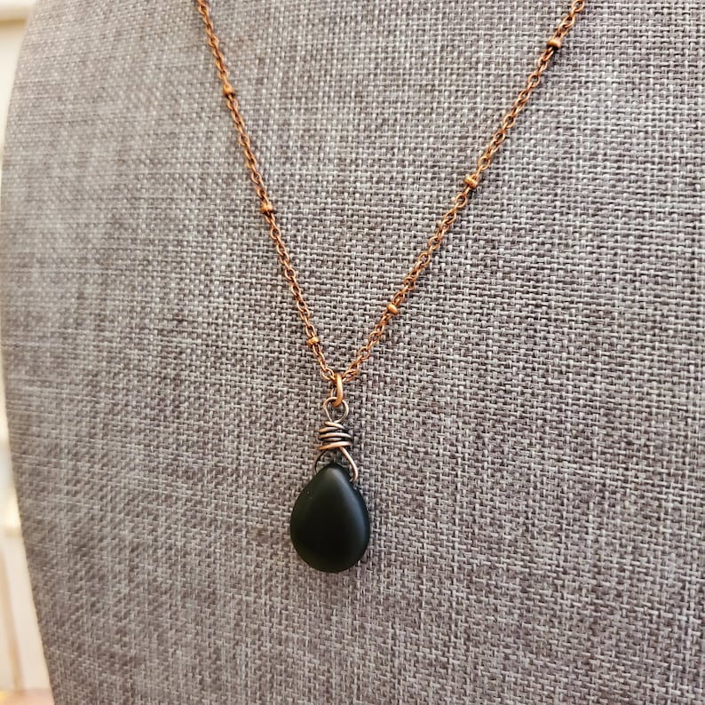 Matte Black Czech Glass Teardrop Pendant: Antiqued Copper Wire Wrapped ...