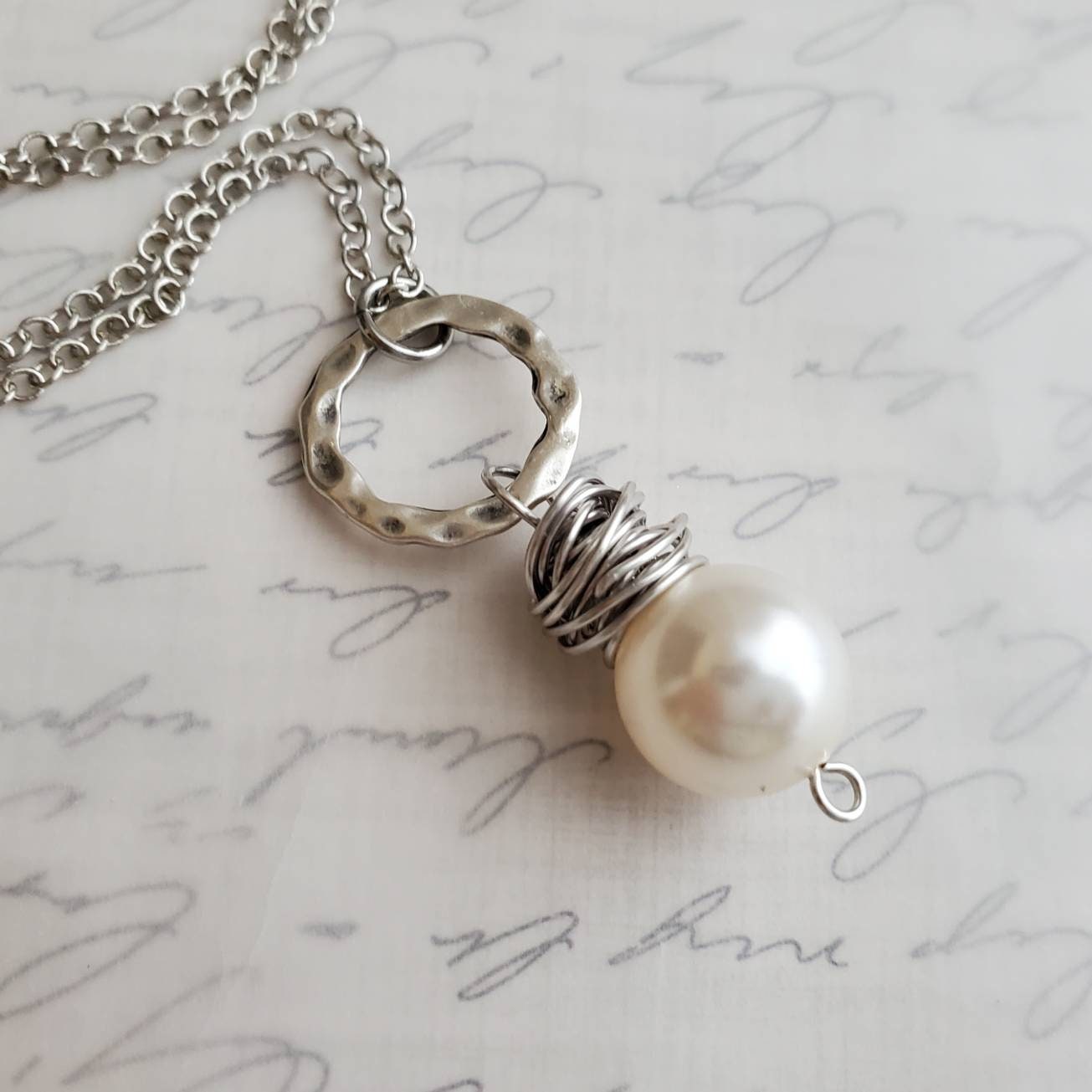 Wire Wrapped White Pearl Pendant Necklace: Boho Antique Silver Chain - Etsy