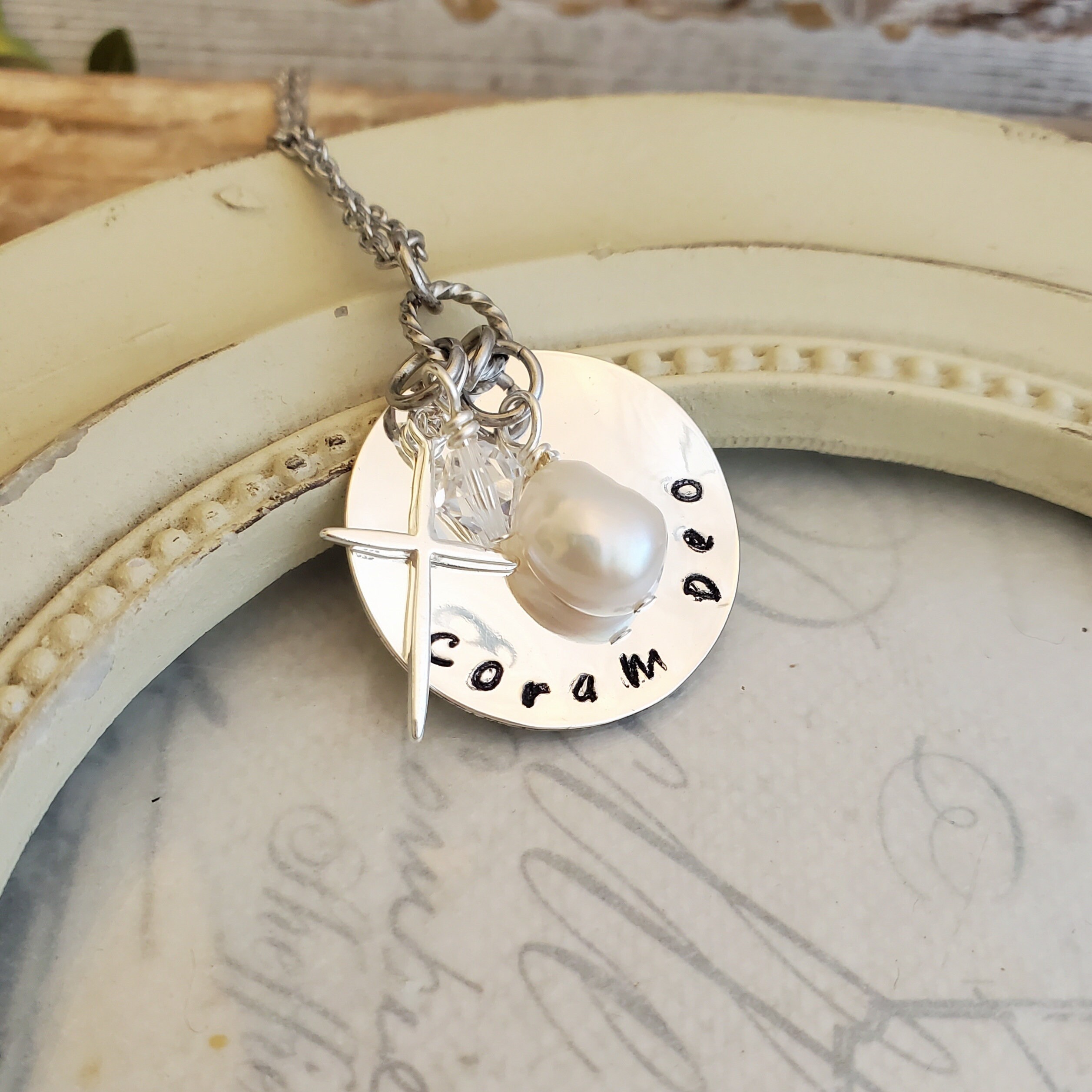 Coram Deo Necklace: Hand Stamped Latin Pendant With Pearl - Etsy