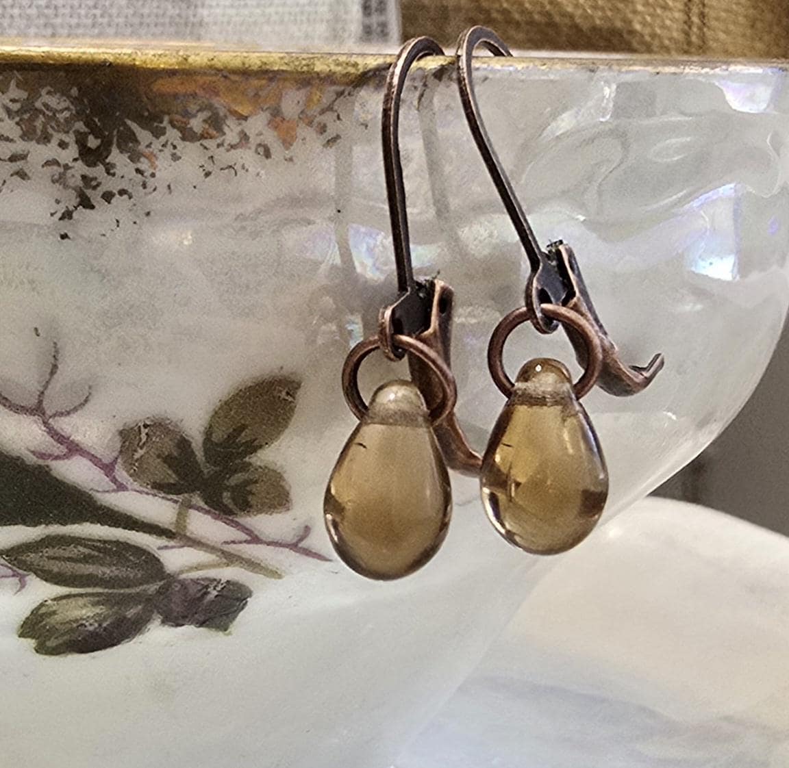 Shades of Brown Czech Glass Teardrop Earrings: Antiqued Copper, Earthy ...
