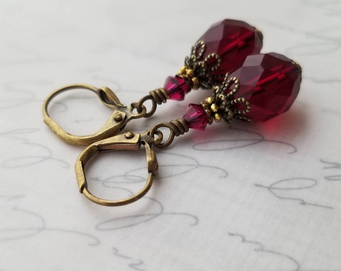 Blood Red Glass Drop Earrings, Red Neo Victorian Glass Earrings, Red ...