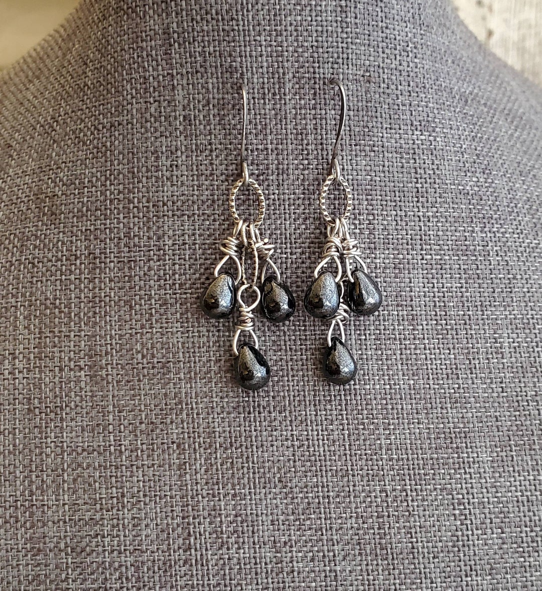 Charcoal Gray Glass Teardrop Cluster Earrings, Gray Cluster Earrings ...