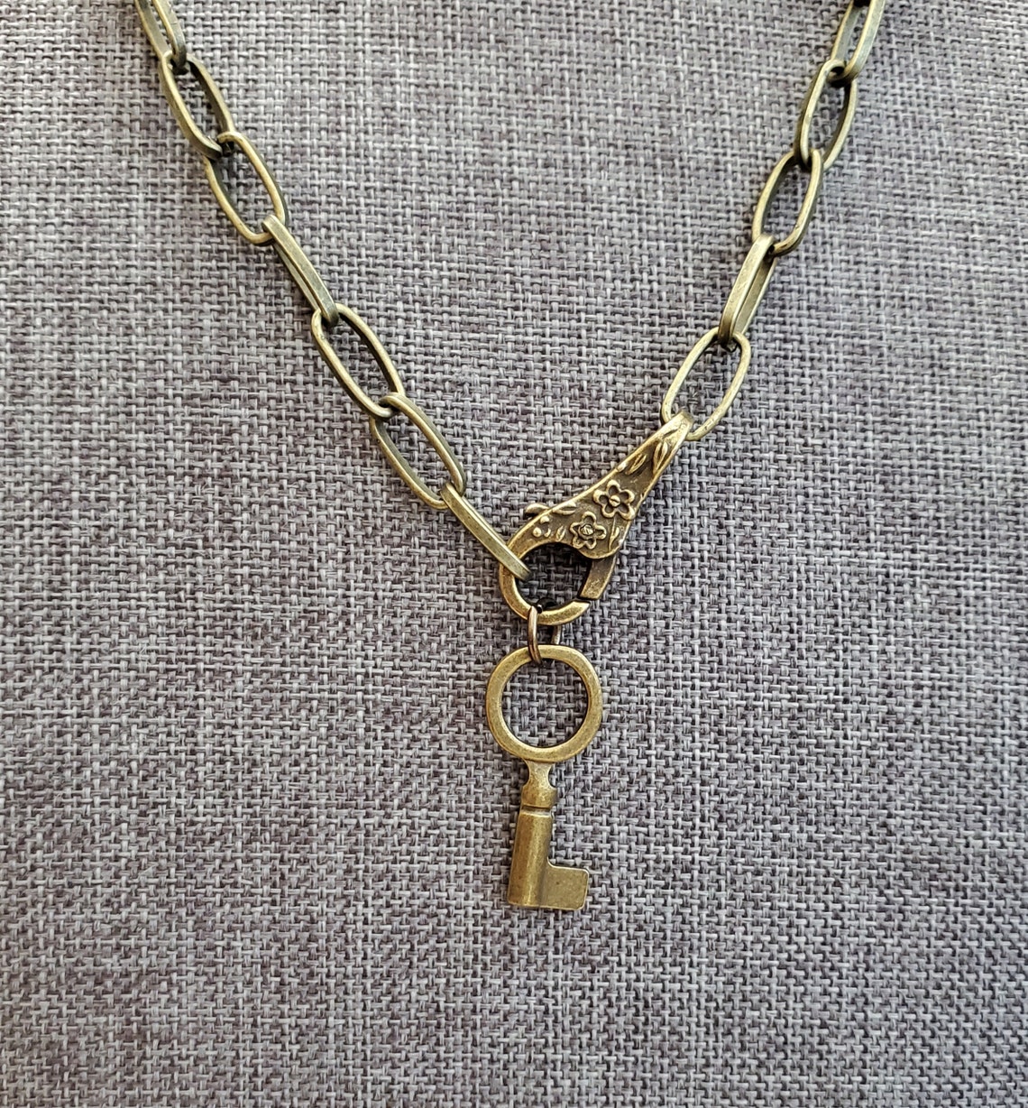 Antiqued Brass Paperclip Chain Necklace: Front Clasp, Optional Pendant ...