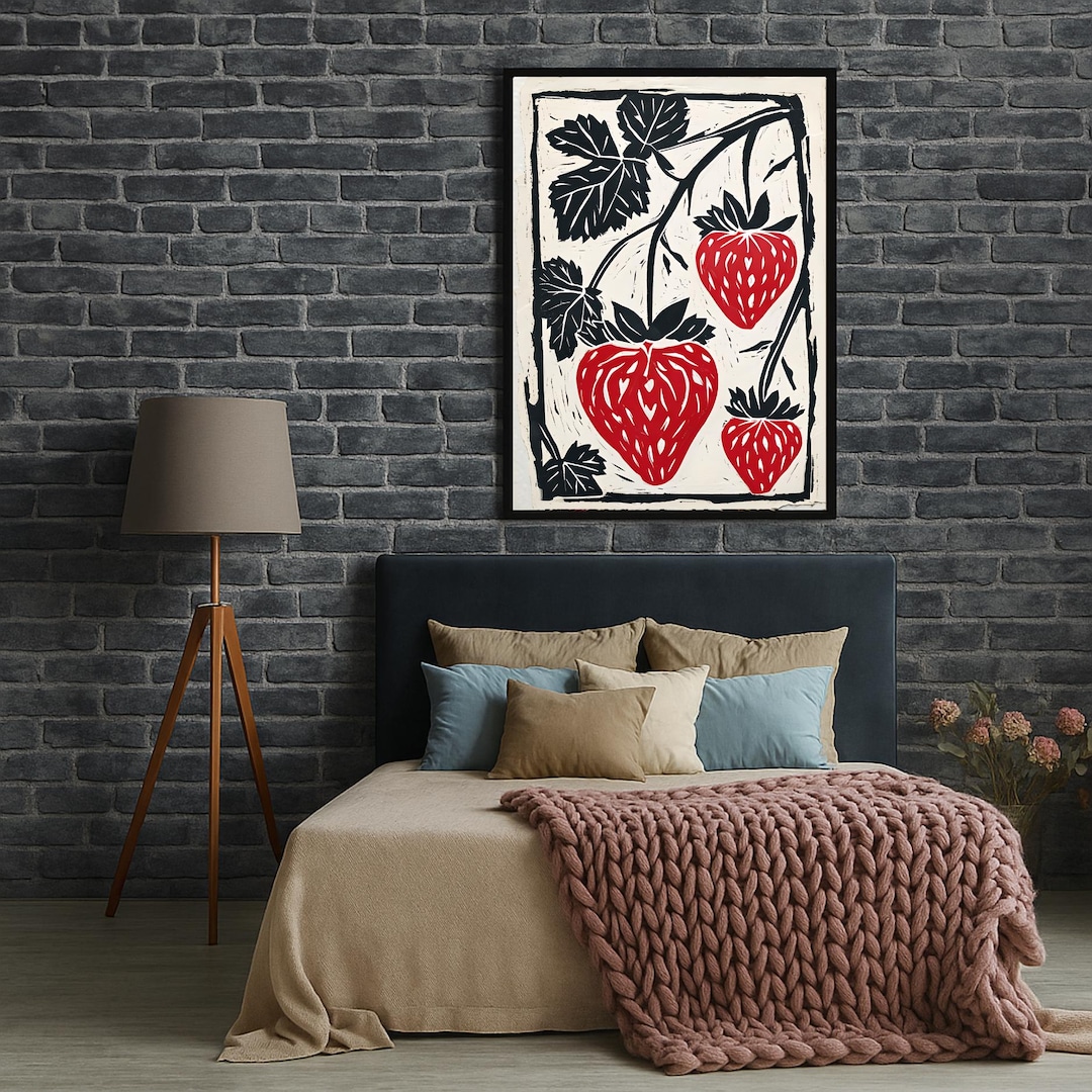 Strawberry Linocut Print - Bold Red Berry Botanical Wall Art for Rustic ...