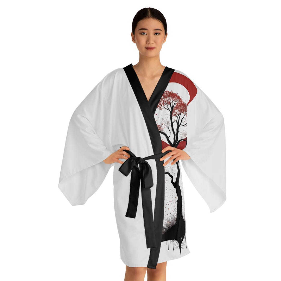 Elegant Long Sleeve Kimono Robe - Zen Tree Design, Lightweight Lounge ...