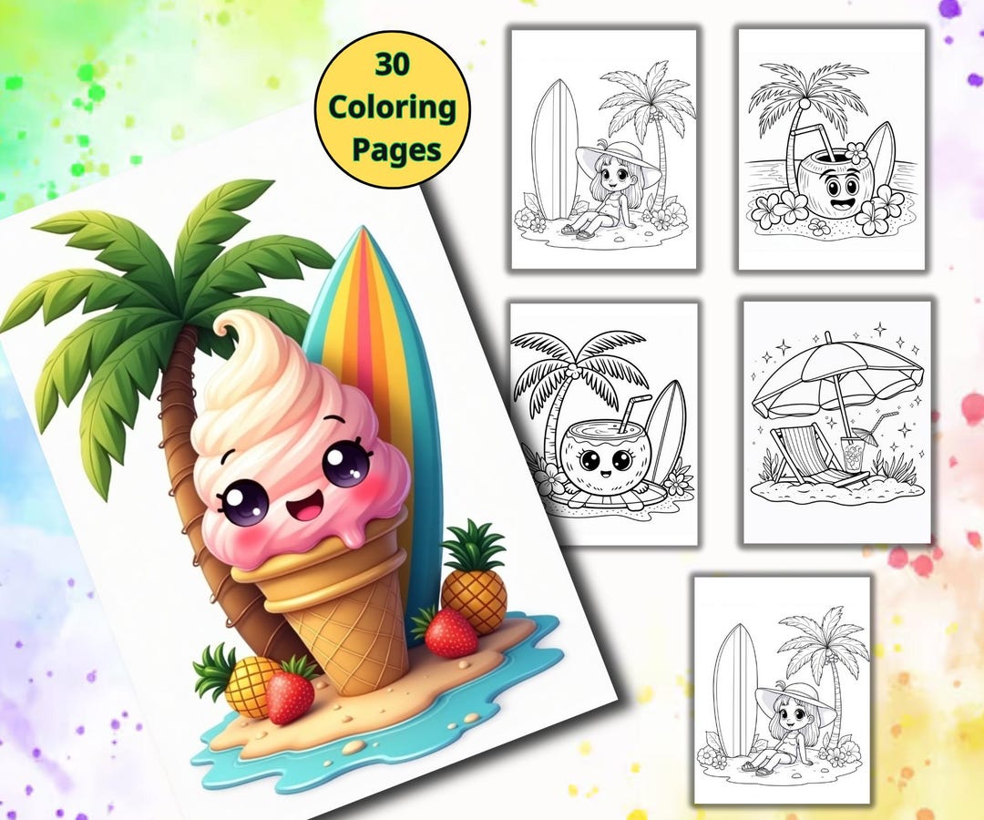 30 Beach Vibes Coloring Pages | Printable Grayscale Summer Book ...