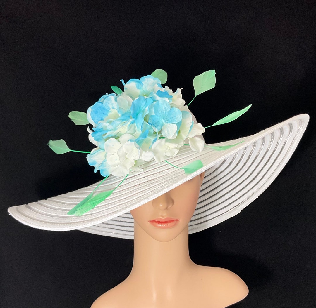 Blue and White Womens Derby Hat With Feathers , Spring Tea Party - Etsy