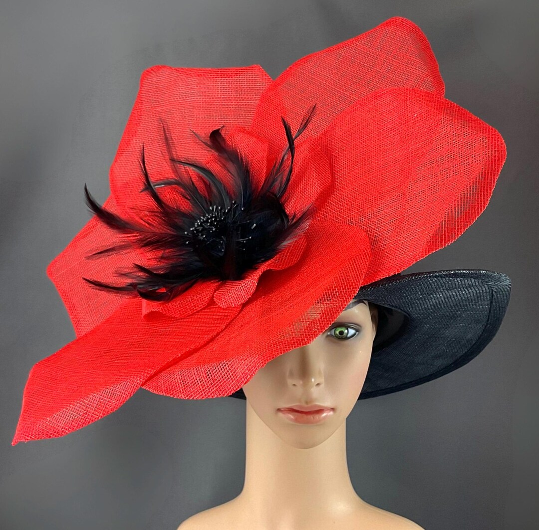 Red Sinamay Flower Kentucky Derby Hat, Black Feather Fascinator, USA ...