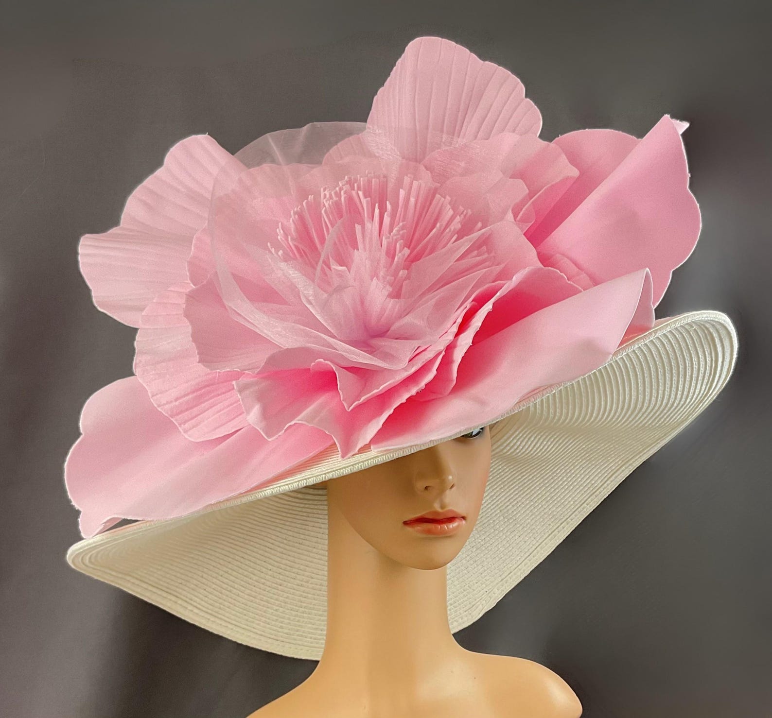 Giant Light Pink Flower Kentucky Derby Hat, Wide Brim White Hat - Etsy