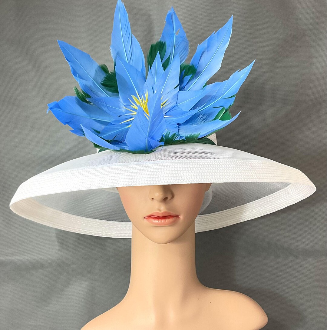 White Lampshade Kentucky Derby Hat With Blue Feather Flower Dot Bow ...