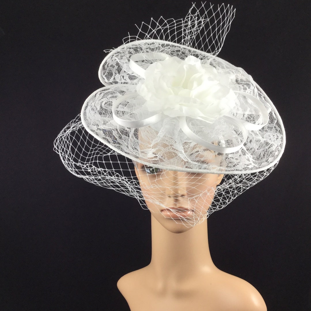 White Lace Fascinator With Veiling and Rose ,white Wedding Fascinator ...