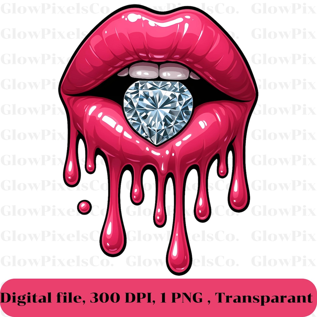 Pink Dripping Diamond Lips PNG - Glossy Lip Clipart, Digital Download ...