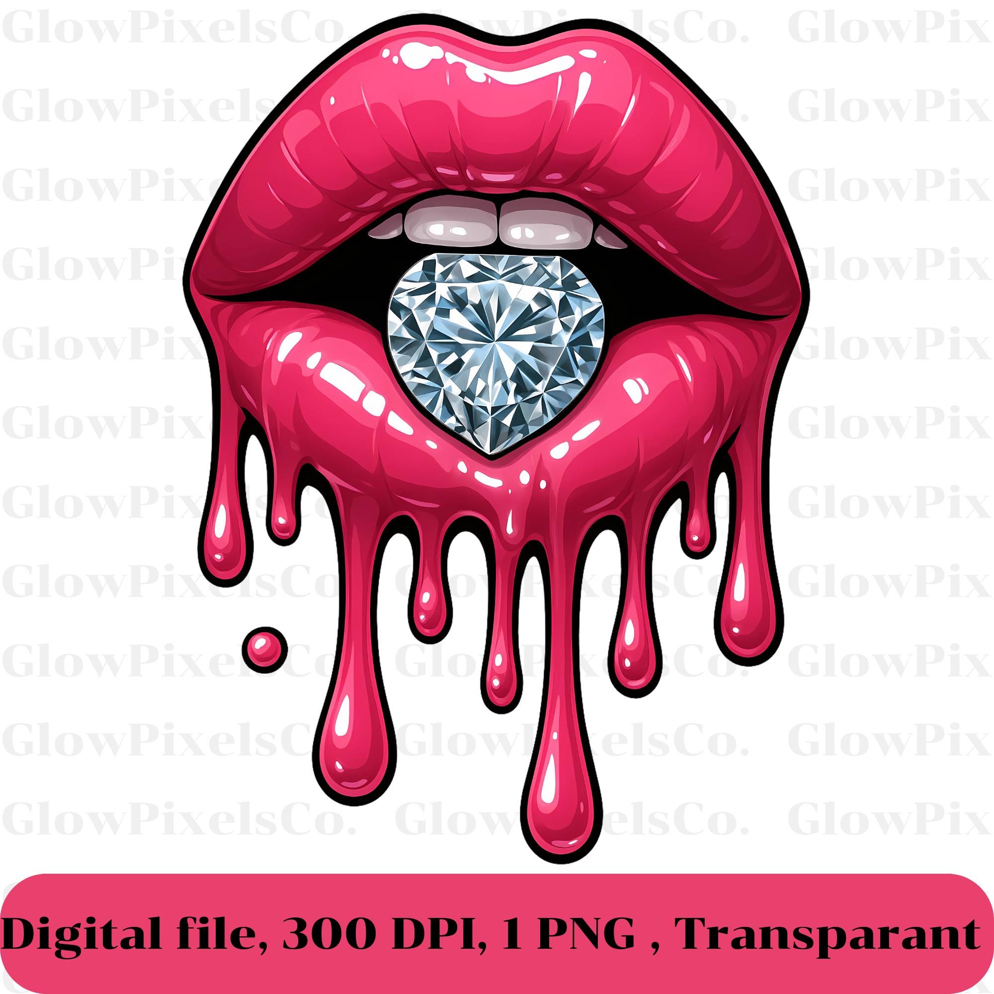 Pink Dripping Diamond Lips PNG - Glossy Lip Clipart, Digital Download ...