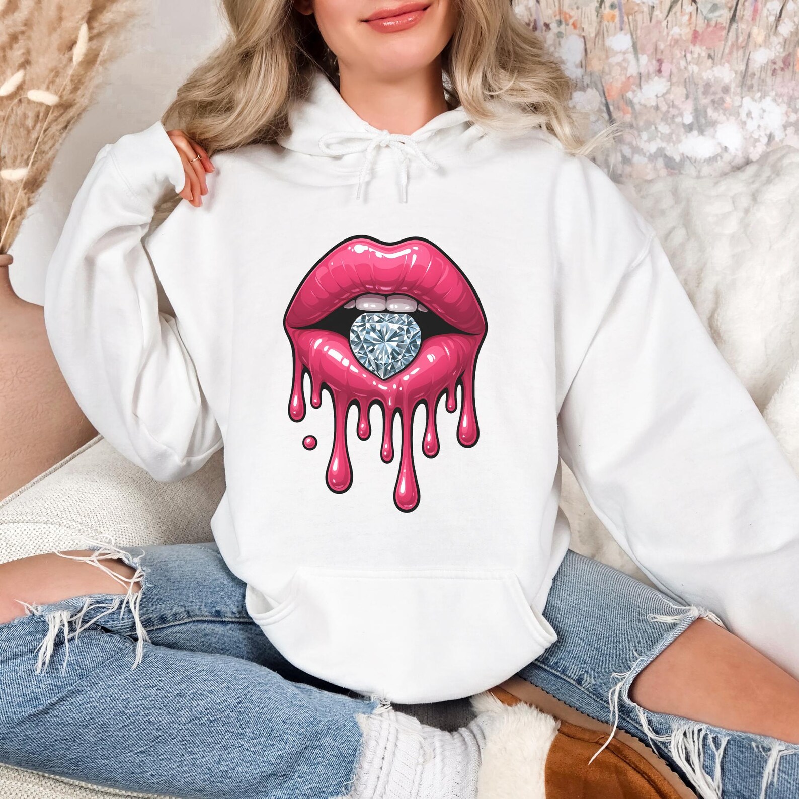 Pink Dripping Diamond Lips PNG: Glossy Lip Clipart (digital Download ...