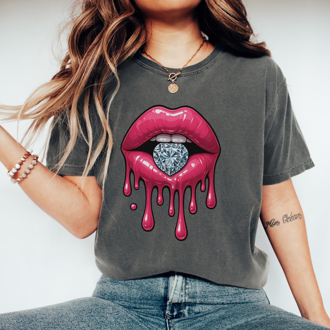 Pink Dripping Diamond Lips PNG: Glossy Lip Clipart (digital Download ...