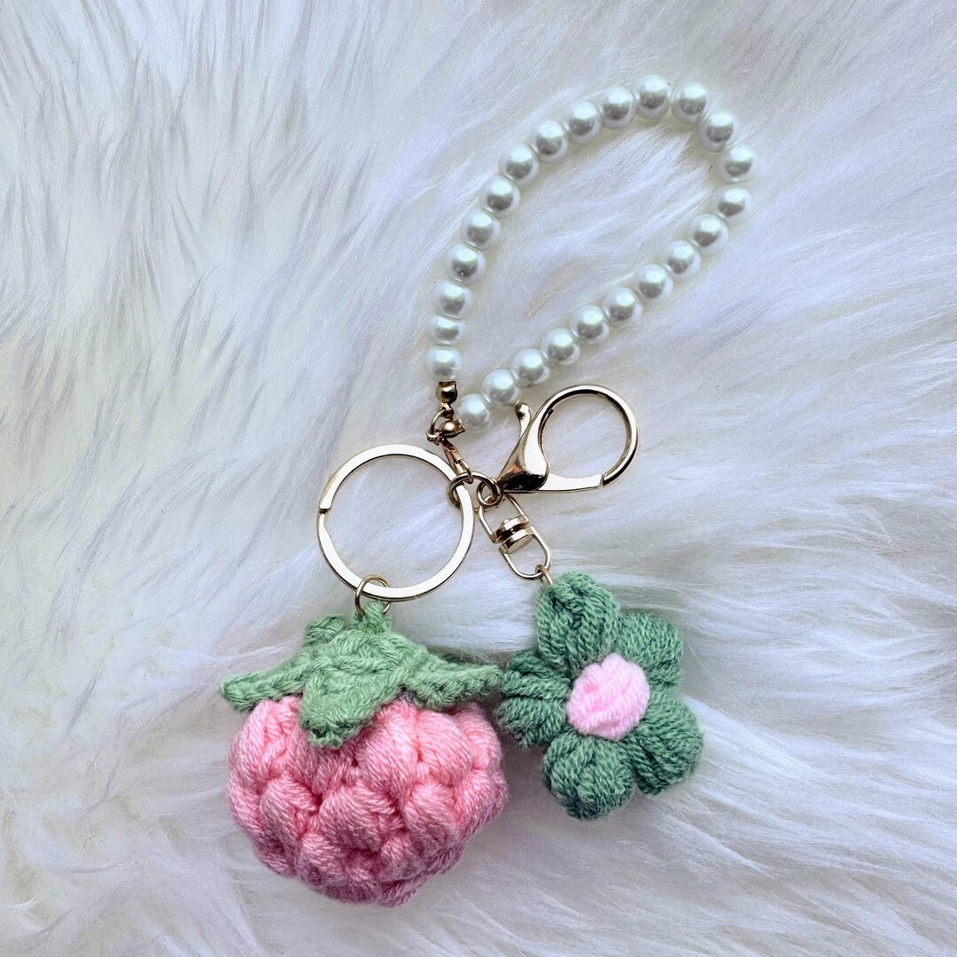Crochet Strawberry Keychain: Pink Berry Bag Charm With Pearl Beaded Key ...