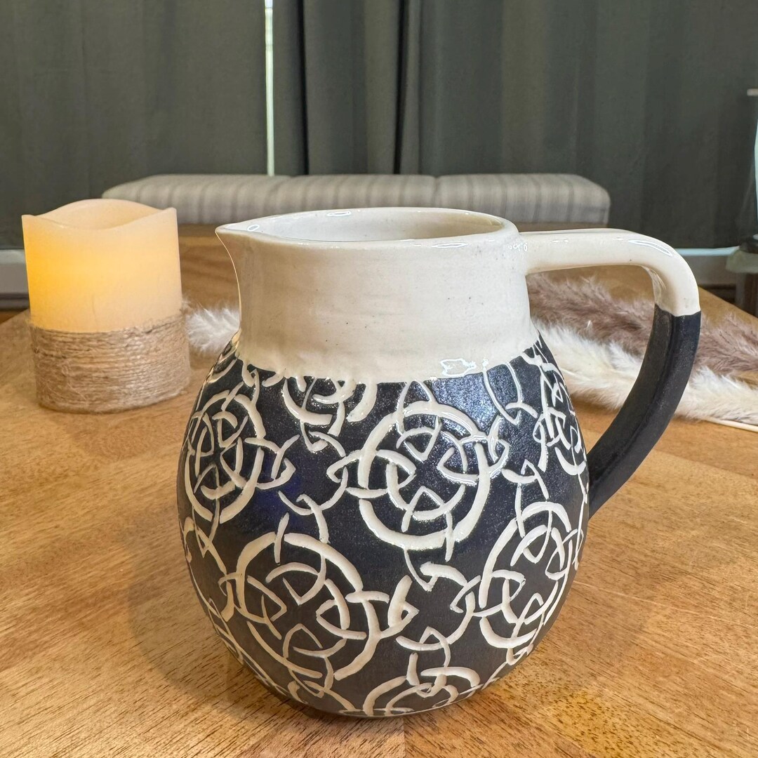 Handmade Sgraffito Pitcher: Black & White Celtic Design - Etsy