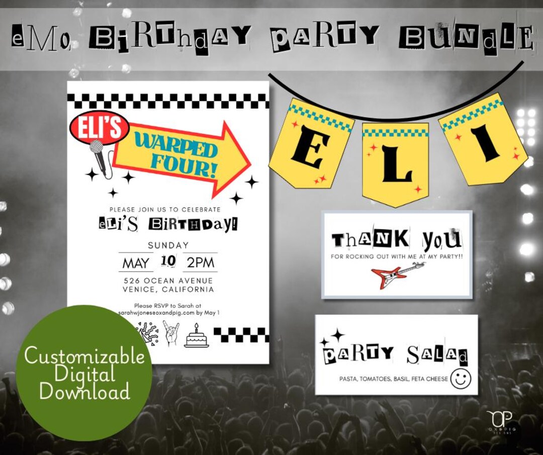 Customizable Pop Punk Party Bundle: Emo Theme Invitation, Banner ...