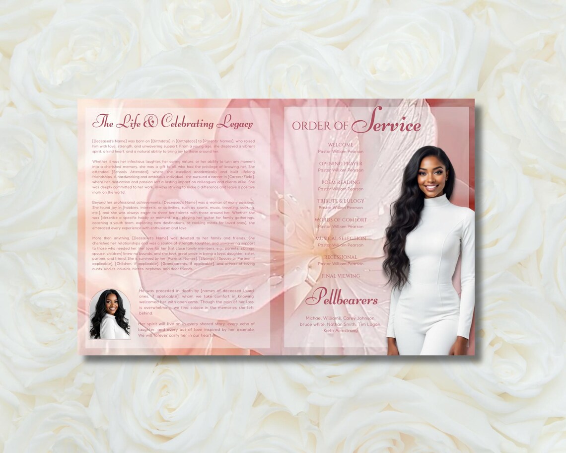 Pink Roses Funeral Program Template: 8-page Memorial, Obituary (canva ...