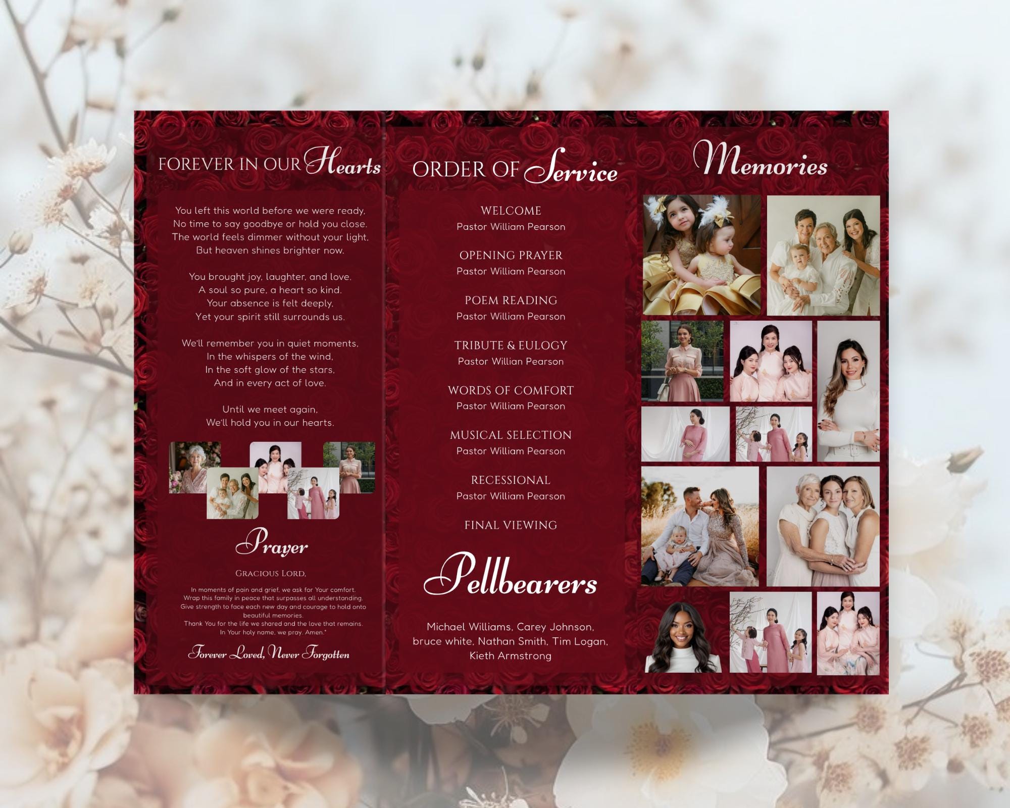 Trifold Red Funeral Program Template: Editable Canva Design (digital ...