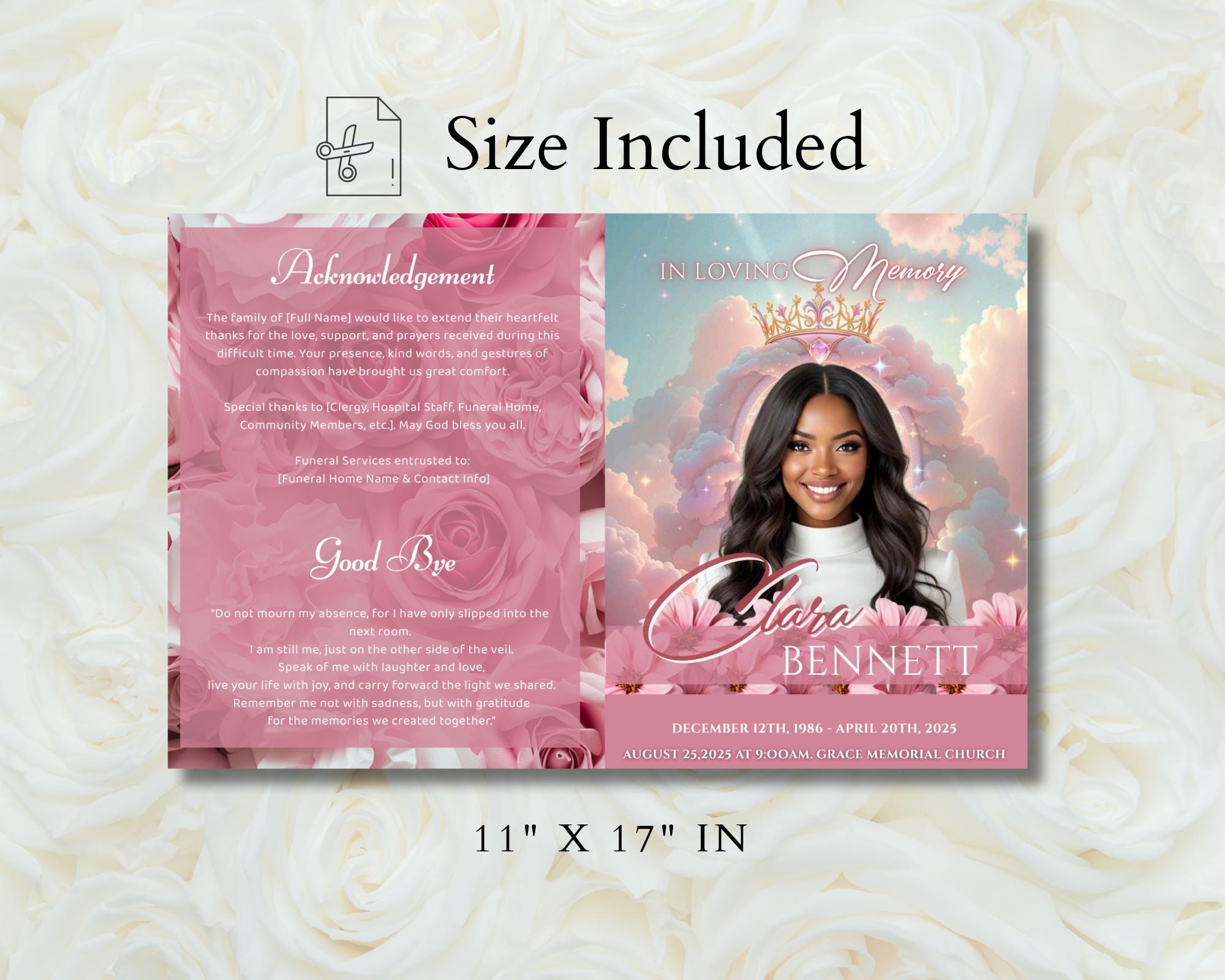 Pink Roses Funeral Program Template: 8-page Memorial, Obituary (canva ...