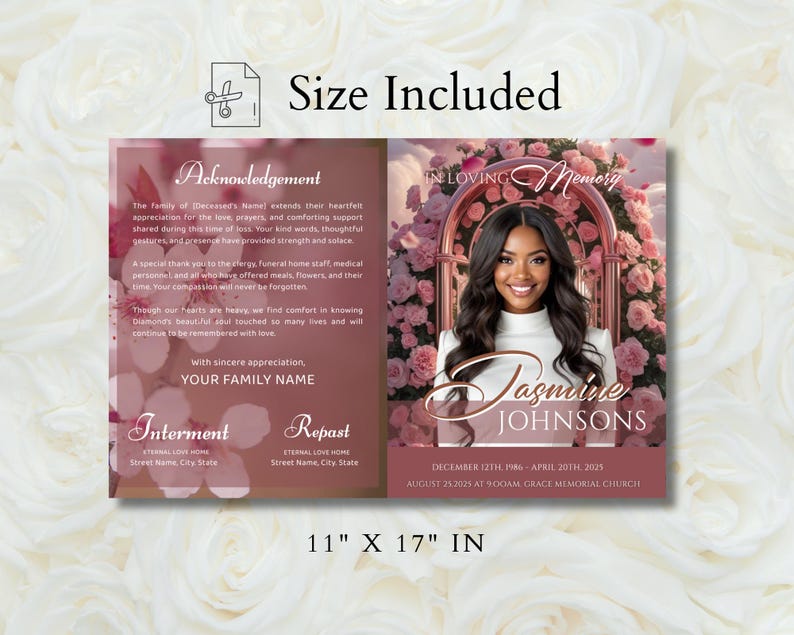 Pink Roses Funeral Program Template: 8-page Obituary (canva, Digital ...