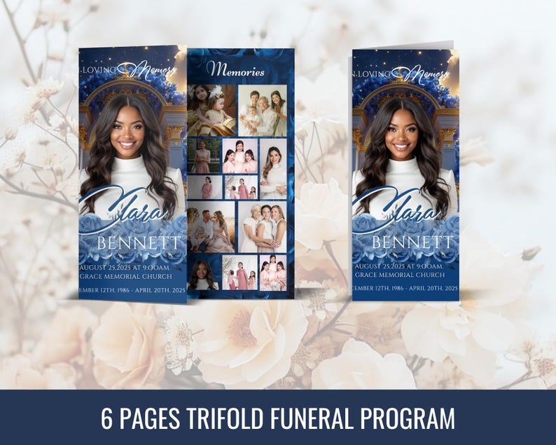 Trifold Blue Funeral Program Template: Editable Canva Design (digital ...
