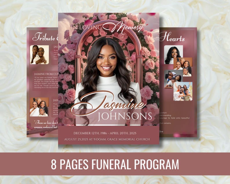 Pink Roses Funeral Program Template: 8-page Obituary (canva, Digital ...