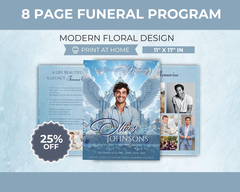 Blue Floral Funeral Program Template: 8-page Memorial (digital Download ...