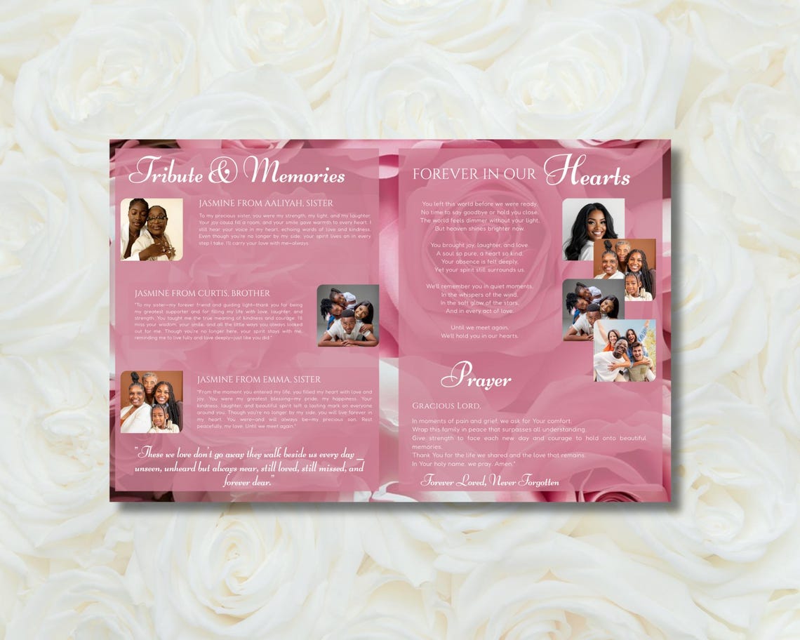 Pink Roses Funeral Program Template: 8-page Memorial, Obituary (canva ...