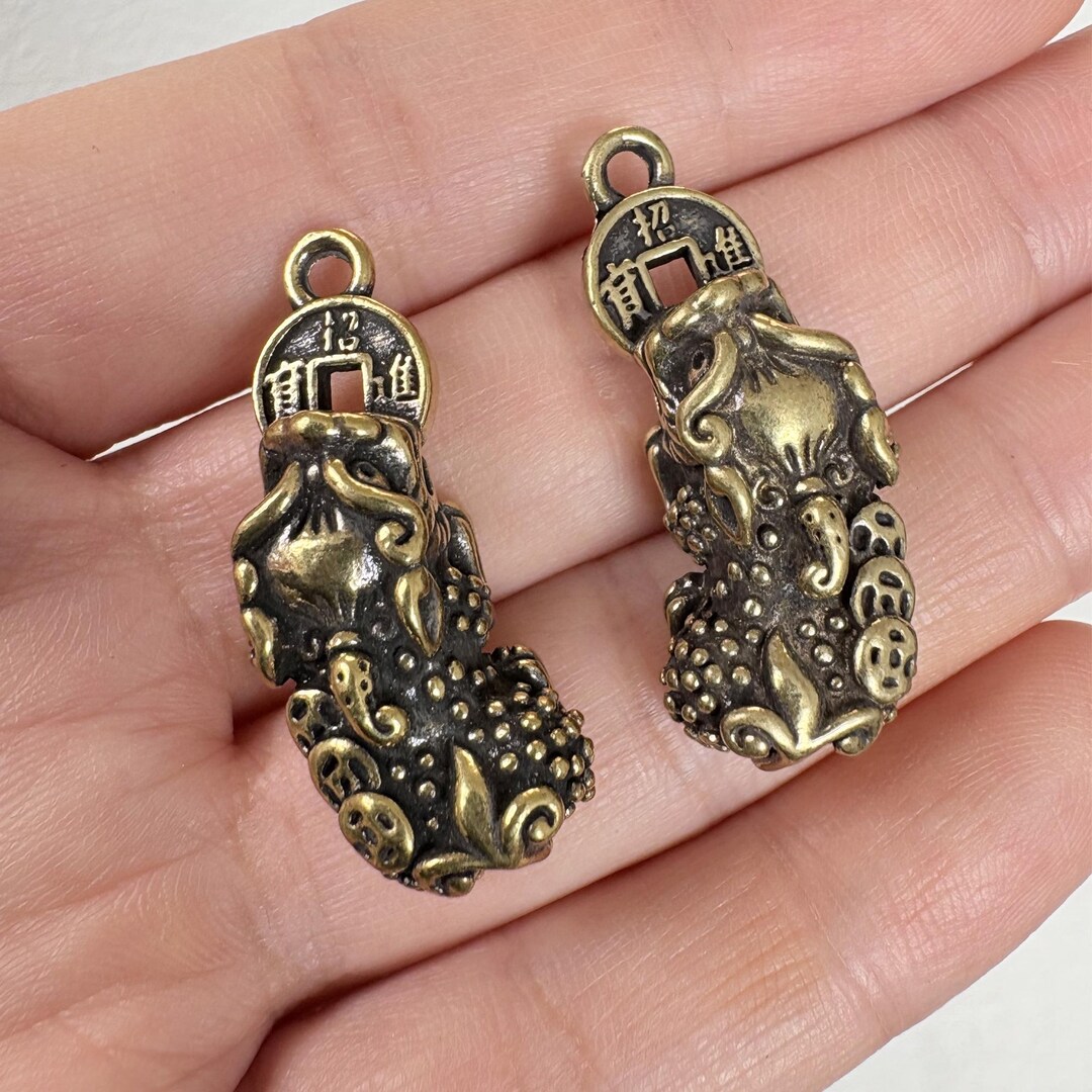A Pair Antique Brass Money Bite Money Pixiu Lucky Pendant, Feng Shui ...