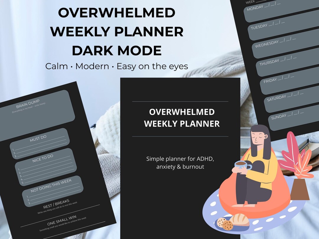 ADHD Weekly Planner Dark Mode Printable & Digital – Minimalist Planner ...