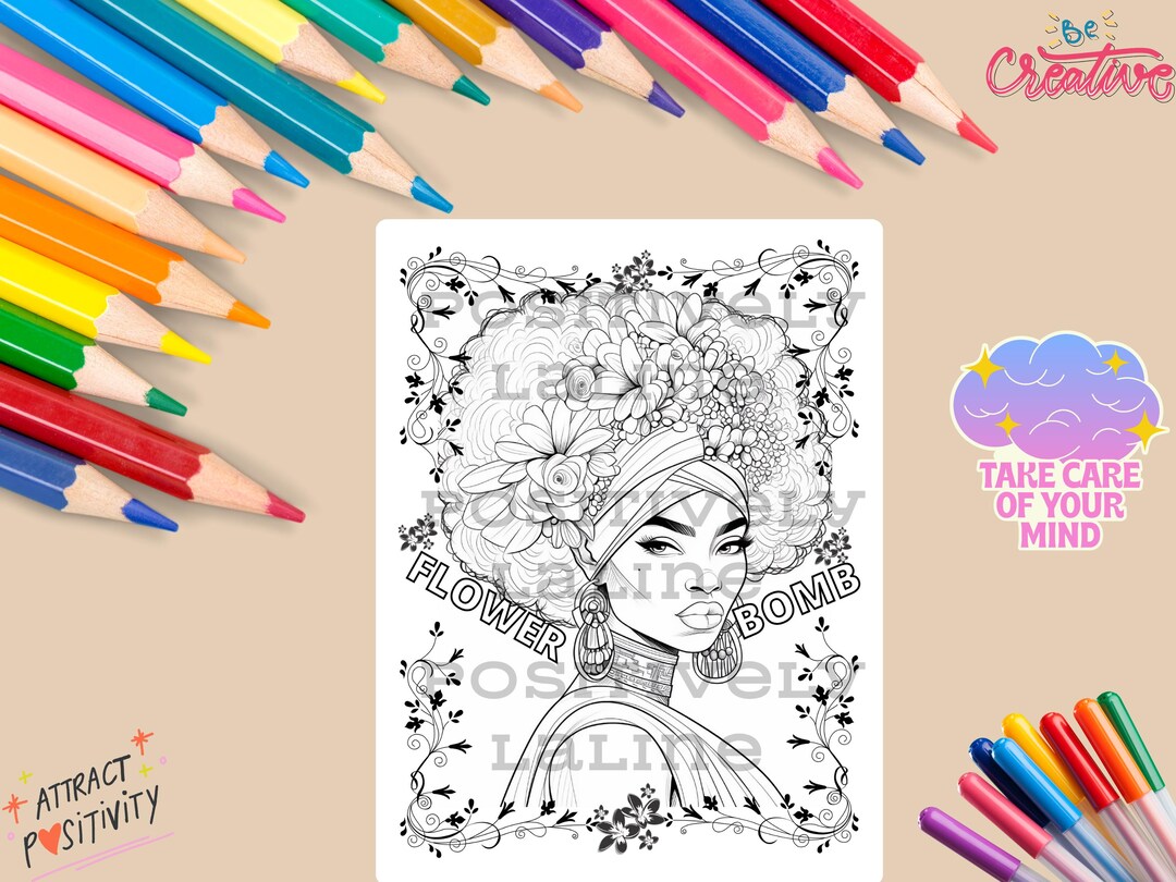 Black Woman Coloring Page 'flower Bomb' | Self-love Printable Art ...