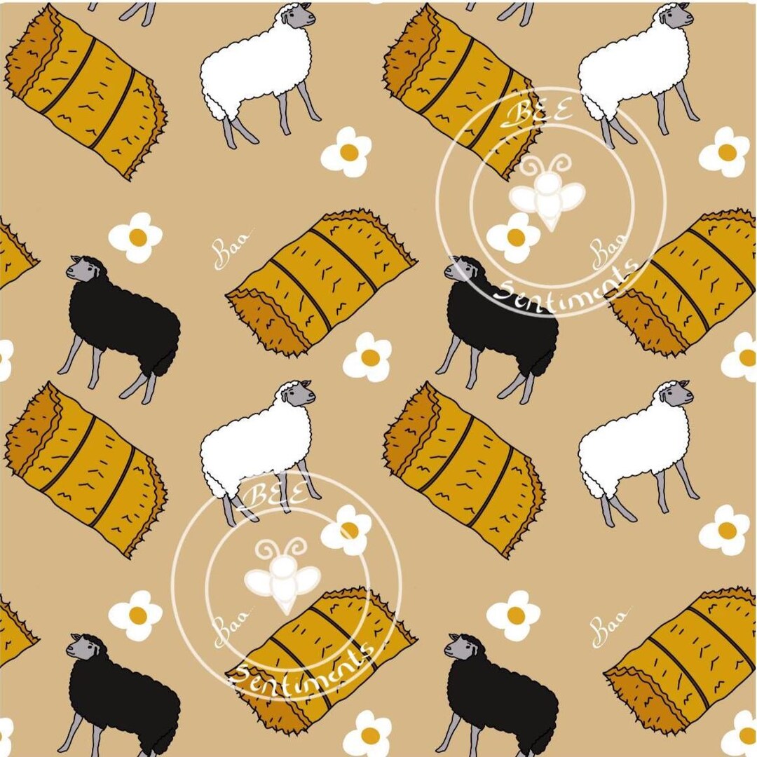 Woolly Meadow – Farm Sheep & Hay Pattern Fabric / Wallpaper ...