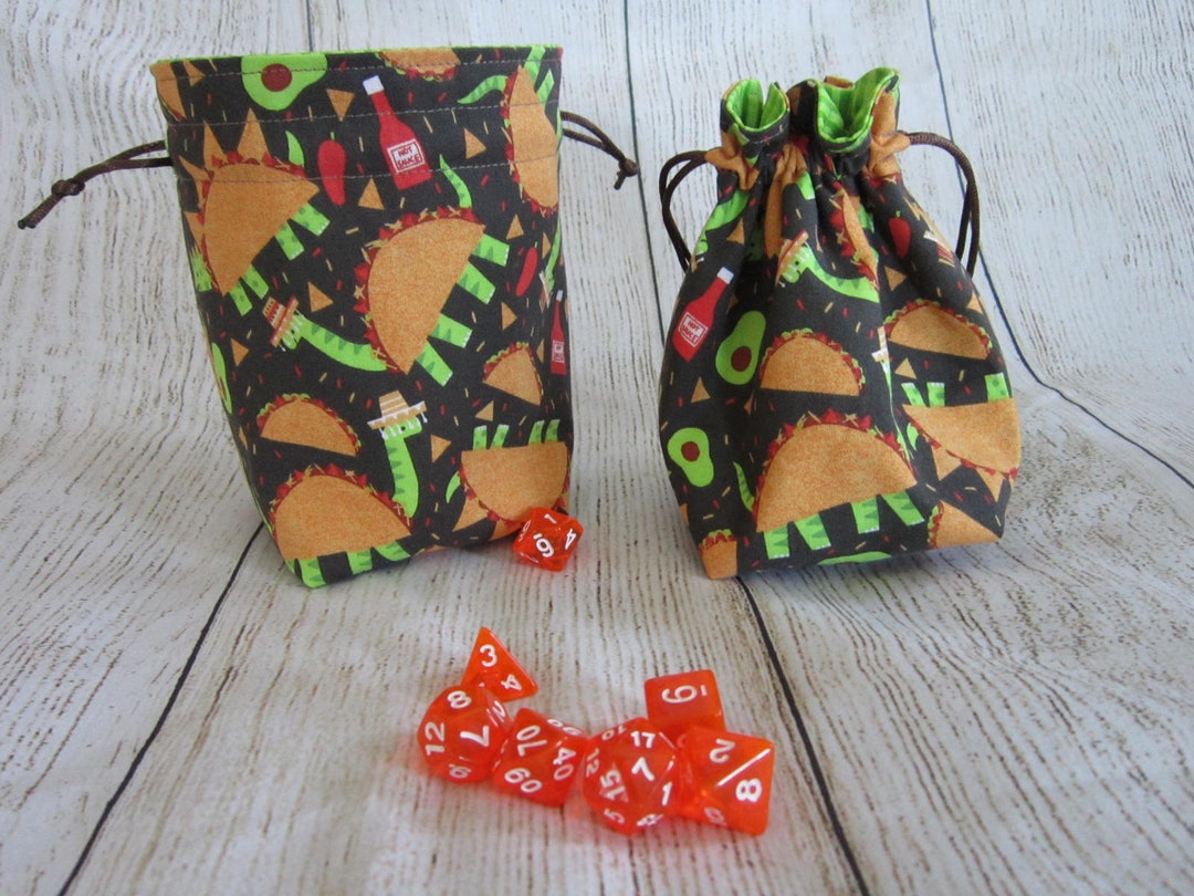 Dinosaur Dice Bag, Taco-saurus Dice Bag, Mexican Food Dice Pouch, Stand ...