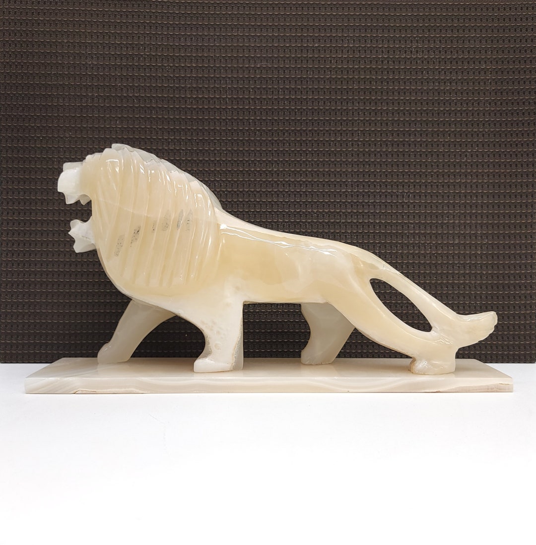 Alabaster Lion Sculpted Statue - Hand Carved Stone - Mid Century Big ...
