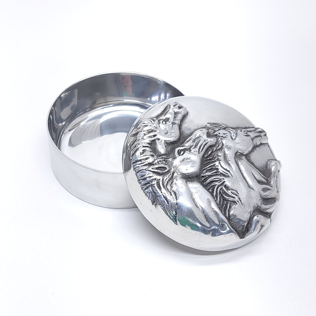 Vintage Equestrian Jewelry Box, Round Silver Metal Hoarse Trinket Box ...